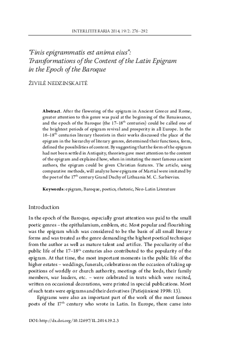 (PDF) “Finis epigrammatis est anima eius”: Transformations of the ...