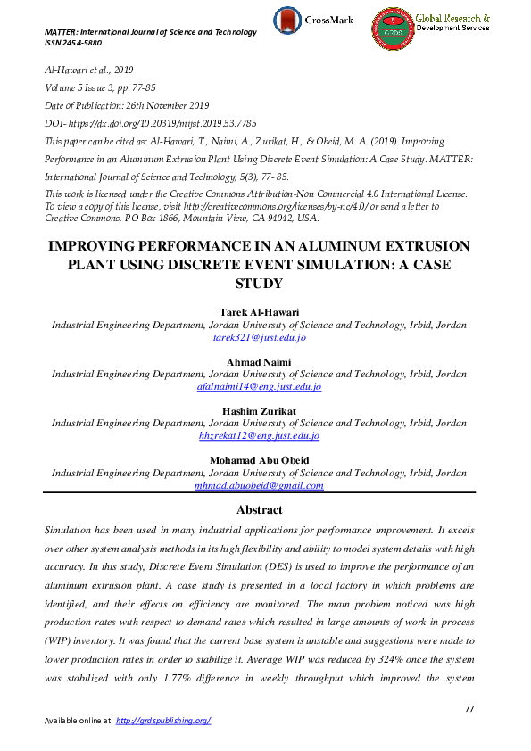 (PDF) Improving Performance in an Aluminum Extrusion Plant Using Discrete Event Simulation: A ...