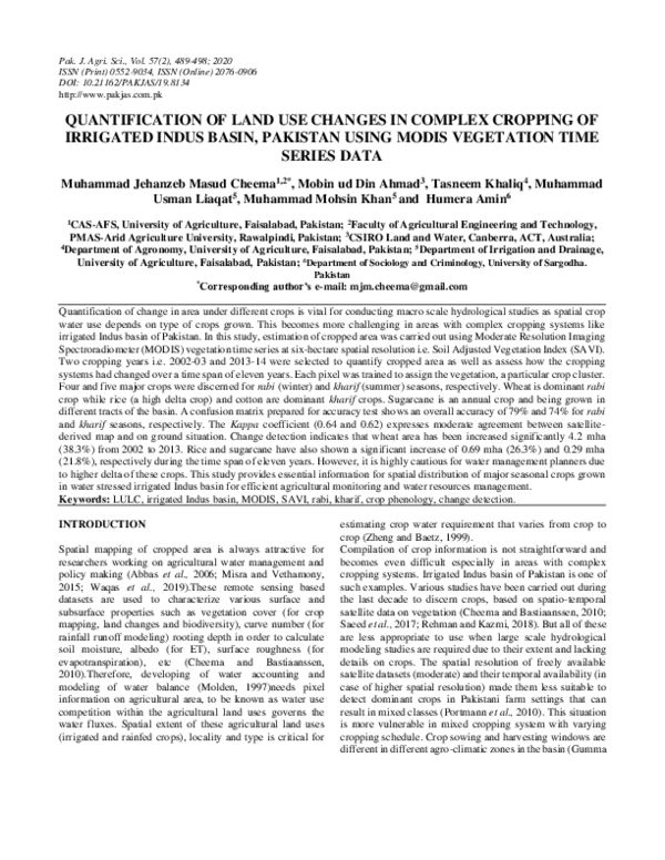 (PDF) Quantification of Land Use Changes in Complex Cropping of Irrigated Indus Basin, Pakistan ...