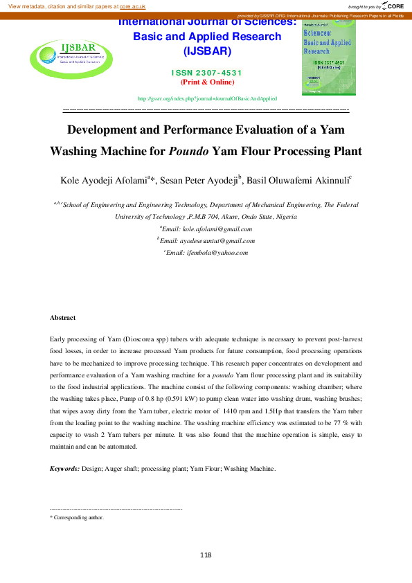 (PDF) Development and Performance Evaluation of a Yam Washing Machine for Poundo Yam Flour ...