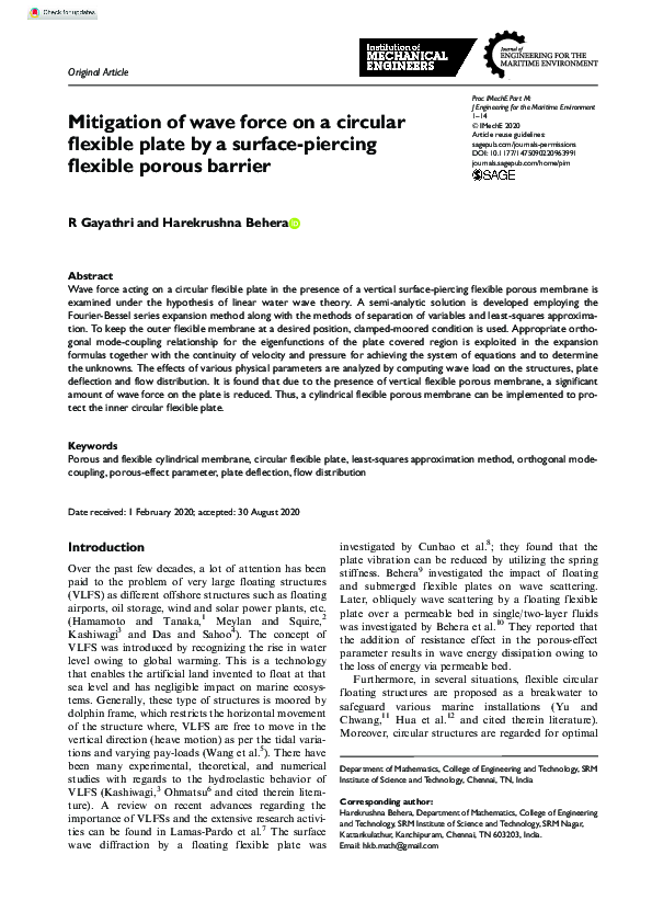 (PDF) Mitigation of wave force on a circular flexible plate by a ...