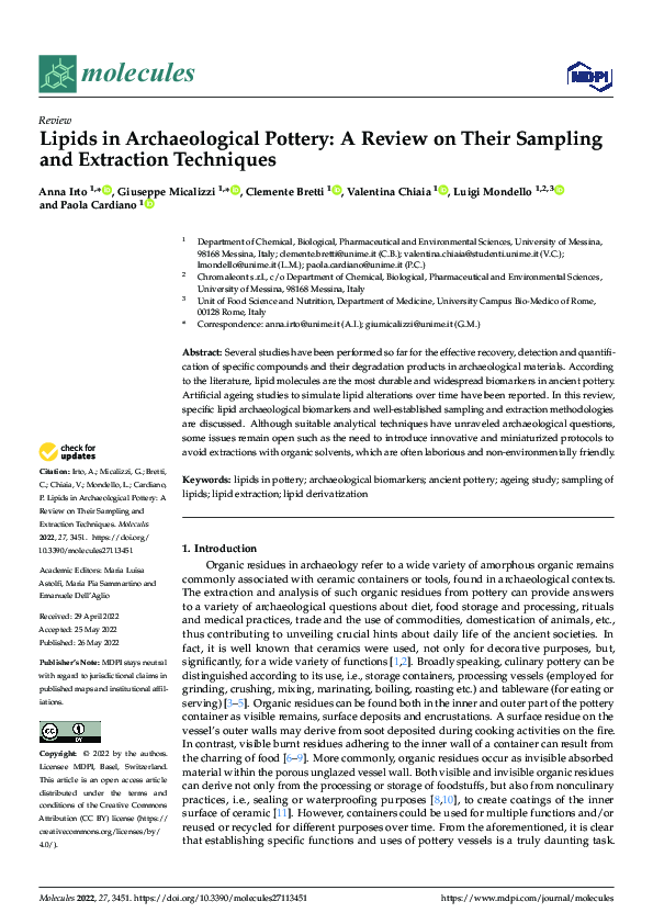 (PDF) Lipids in Archaeological Pottery: A Review on Their Sampling and Extraction Techniques