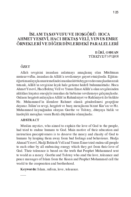 (PDF) “İslam Tasavvufu ve Hoşgörü: Hoca Ahmet Yesevî, Hacı Bektaş Velî, Yunus Emre Örnekleri ve ...