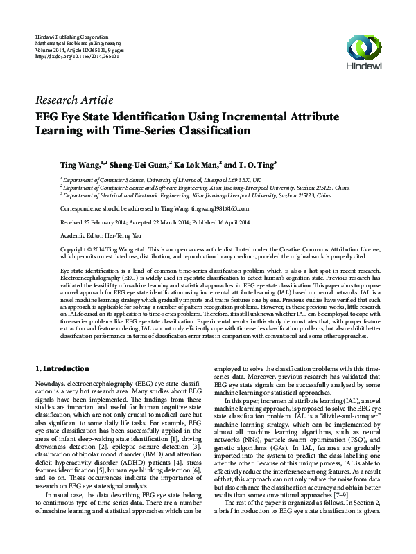 (PDF) EEG Eye State Identification Using Incremental Attribute Learning with Time-Series ...