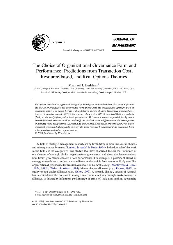 (PDF) The Choice of Organizational Governance Form and Performance ...
