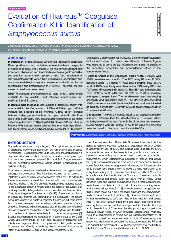 (PDF) Evaluation of Hiaureus TM Coagulase Confirmation Kit in ...