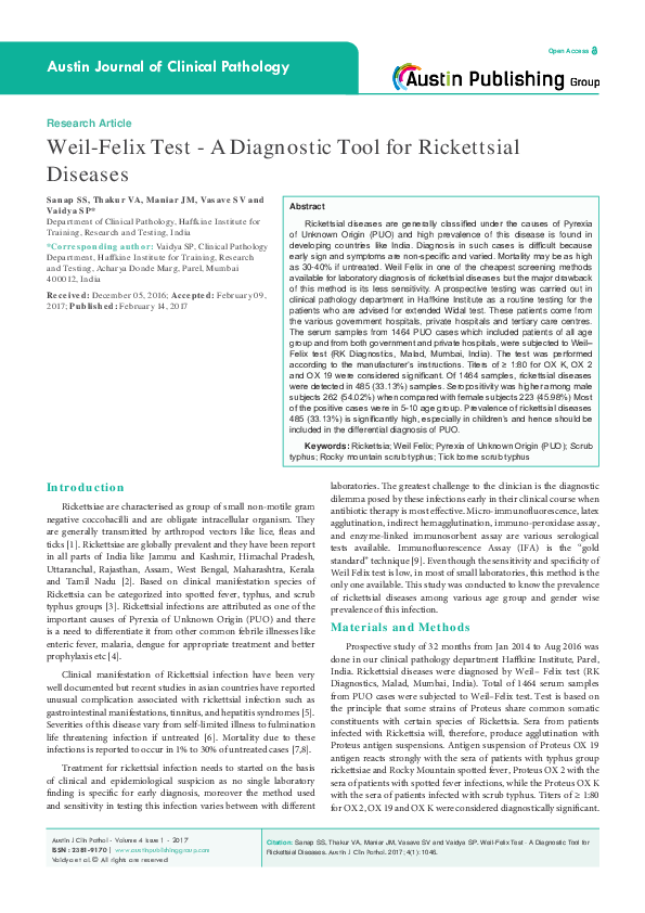 (PDF) Weil-Felix Test - A Diagnostic Tool for Rickettsial Diseases