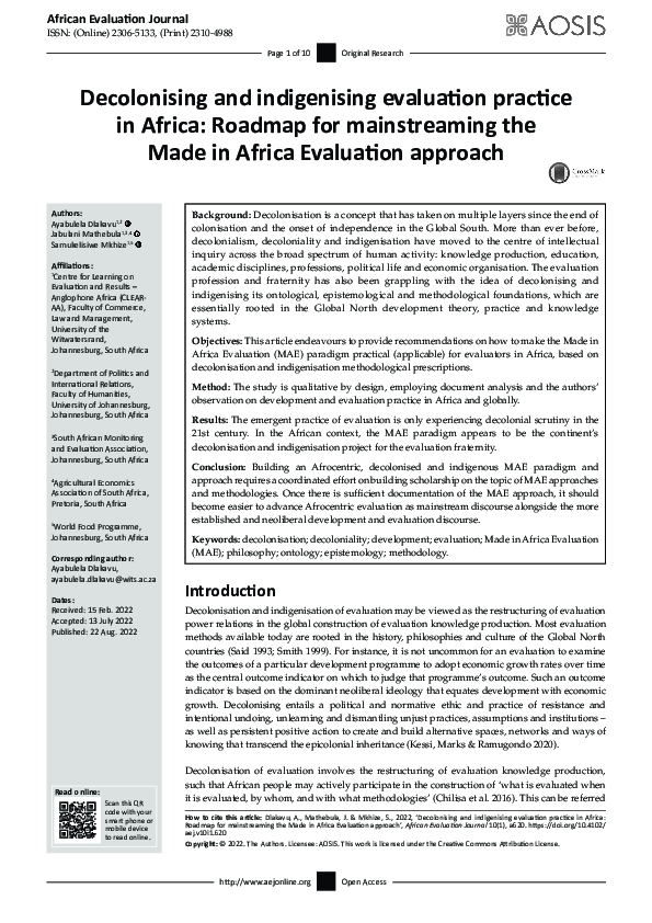 (PDF) Decolonising and indigenising evaluation practice in Africa: Roadmap for mainstreaming the ...