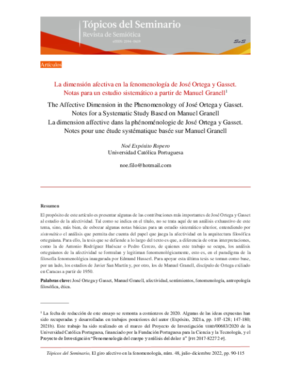 (PDF) "La dimensión afectiva en la fenomenología de José Ortega y ...