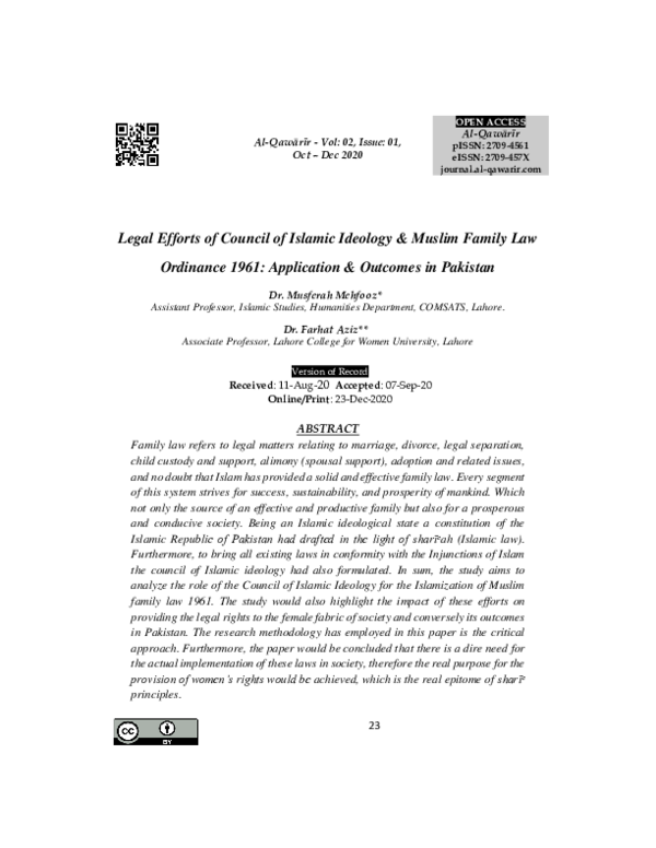 (PDF) Legal Efforts of Council of Islamic Ideology & Muslim Family Law ...