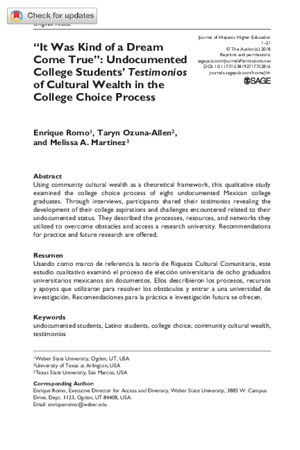 (PDF) “It Was Kind of a Dream Come True”: Undocumented College Students ...