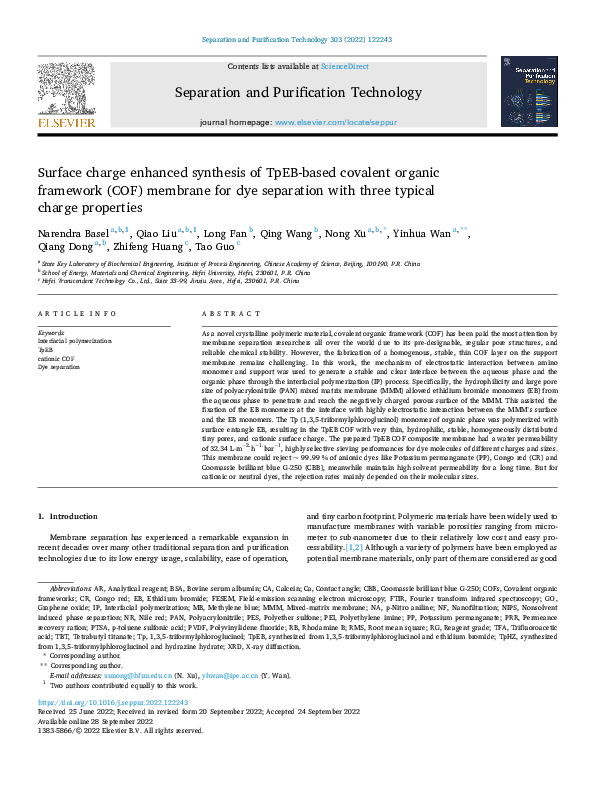 (PDF) Surface charge enhanced synthesis of TpEB-based covalent organic framework (COF) membrane ...