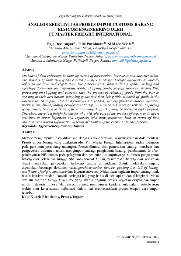 (PDF) ANALISIS EFEKTIVITAS PROSES IMPOR CUSTOMS BARANG ELSICOM ENGINEERING OLEH PT MASTER ...