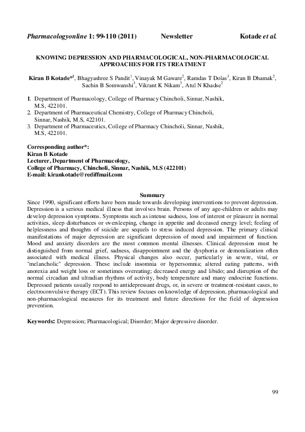 (PDF) Knowing Depression and Pharmacological, Non-Pharmacological Approaches for Its Treatment