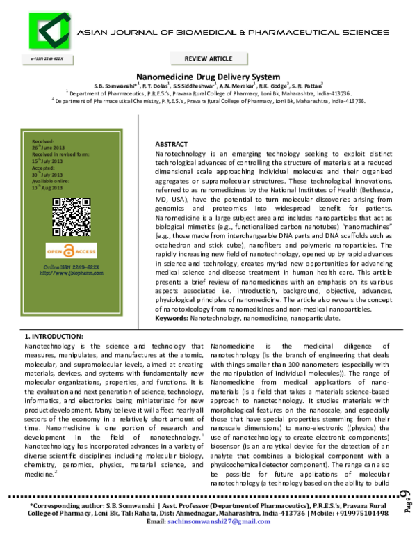 (PDF) Nanomedicine Drug Delivery System | Ramdas Dolas - Academia.edu