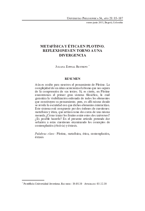 (PDF) Metafísica y ética en Plotino. Reflexiones en torno a una divergencia