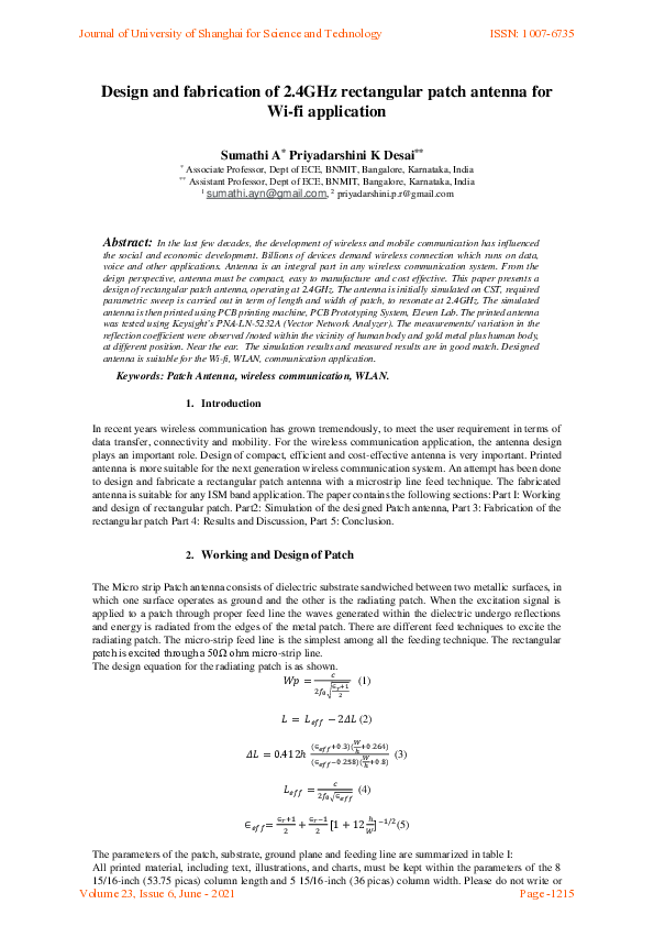Pdf Design And Fabrication Of 2 4ghz Rectangular Patch Antenna For Wi