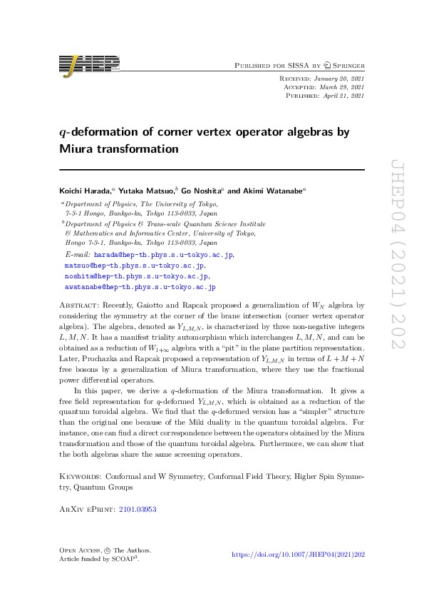 (PDF) q-deformation of corner vertex operator algebras by Miura transformation | Yutaka Matsuo ...