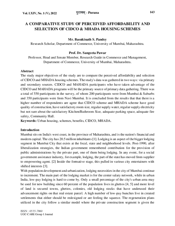 (PDF) A COMPARATIVE STUDY OF PERCEIVED AFFORDABILITY AND SELECTION OF CIDCO & MHADA HOUSING SCHEMES