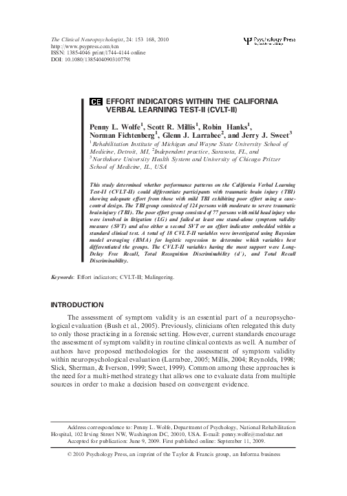 (PDF) Effort Indicators within the California Verbal Learning Test-II ...