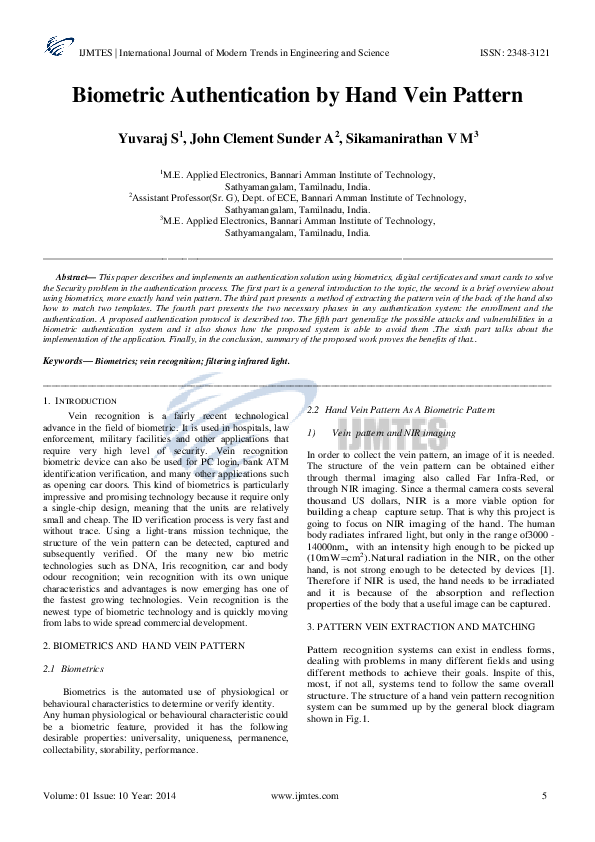 (PDF) Biometric Authentication by Hand Vein Pattern