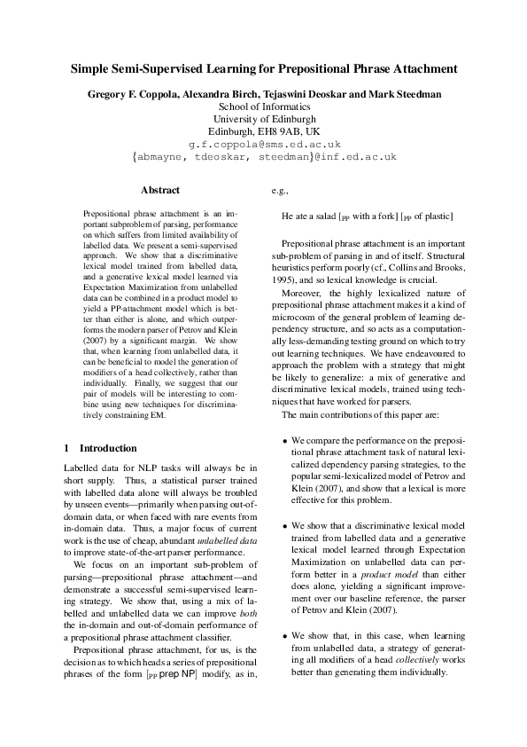 (PDF) Simple semi-supervised learning for prepositional phrase attachment