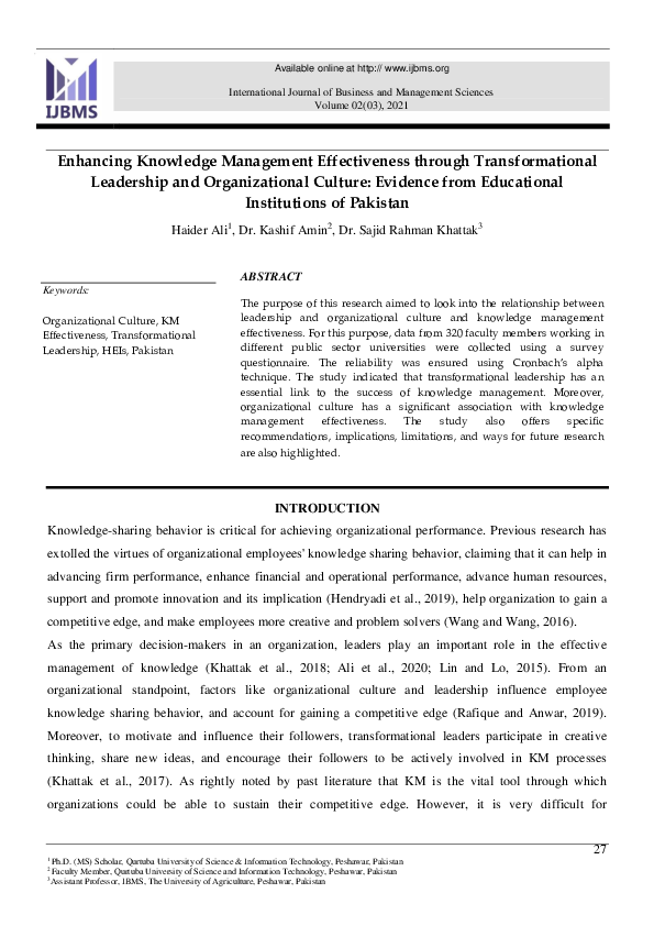 (PDF) Enhancing Knowledge Management Effectiveness through Transformational Leadership and ...