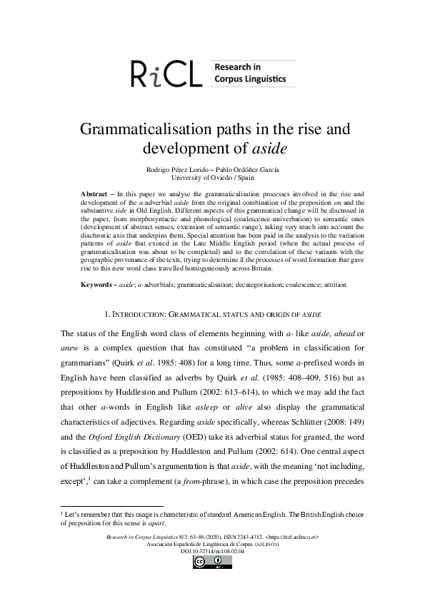 (PDF) Grammaticalisation paths in the rise and development of aside