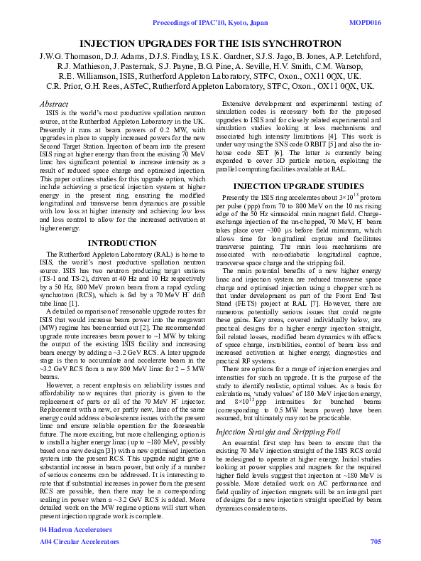 (PDF) Injection Upgrades for the ISIS Synchrotron