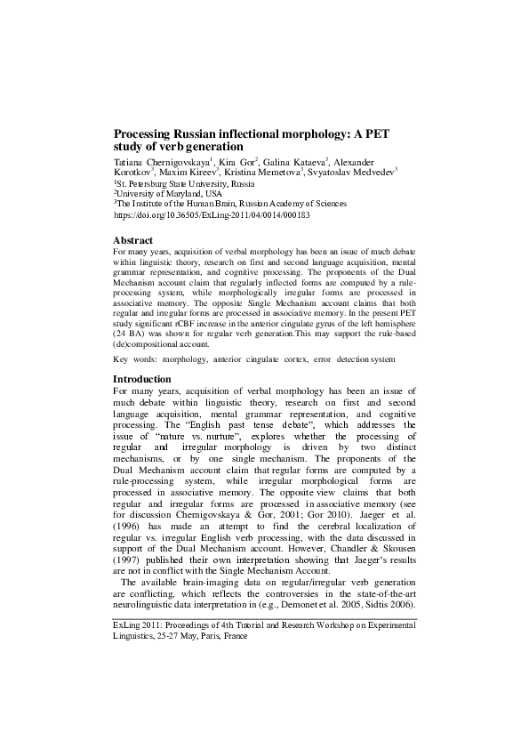 (PDF) Processing Russian inflectional morphology: A PET study of verb ...