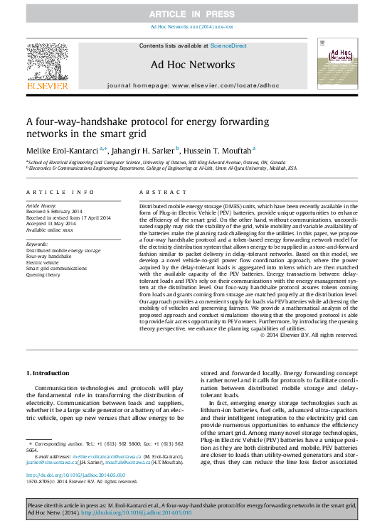 Pdf A Four Way Handshake Protocol For Energy Forwarding Networks In The Smart Grid