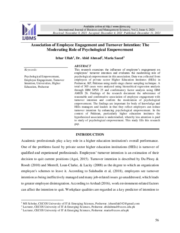 (PDF) Association of Employee Engagement and Turnover Intention: The Moderating Role of ...