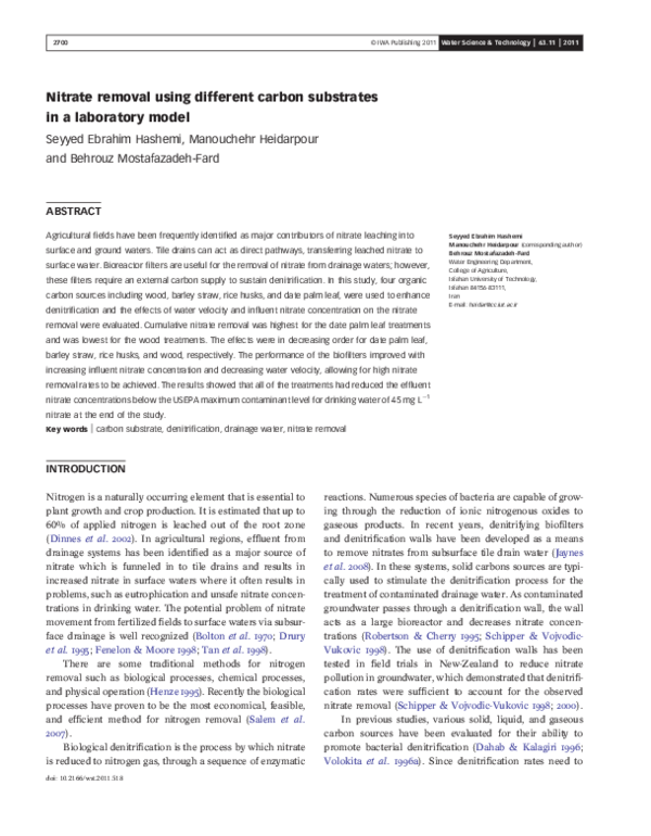 Pdf Nitrate Removal Using Different Carbon Substrates In A Laboratory