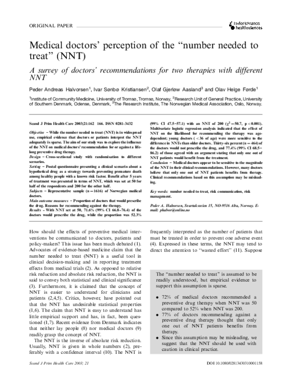 (PDF) Medical doctors' perception of the "number needed to treat" (NNT)
