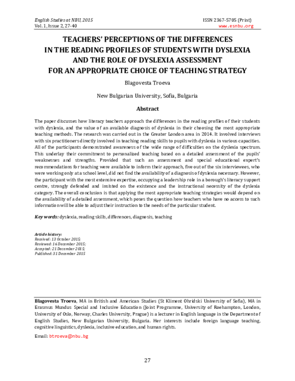 (PDF) Teachers' Perceptions of the Differences in the Reading Profiles of Students with Dyslexia ...