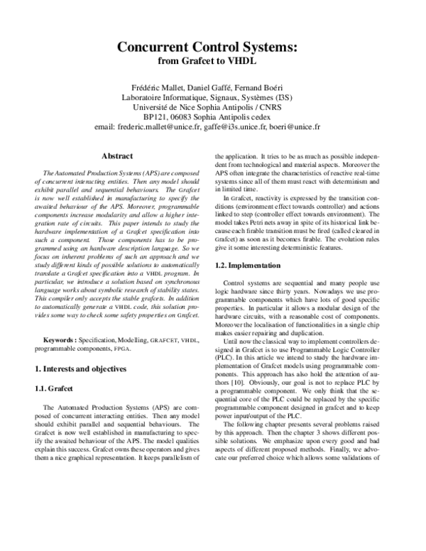 (PDF) Concurrent control systems: from Grafcet to VHDL | fernand boeri - Academia.edu