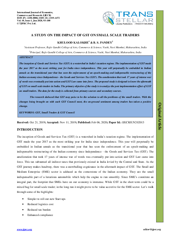 (PDF) A STUDY ON THE IMPACT OF GST ON SMALL SCALE TRADERS