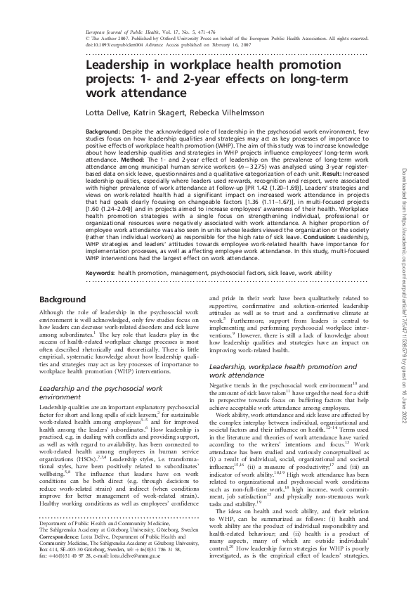 (PDF) Leadership in workplace health promotion projects: 1- and 2-year ...