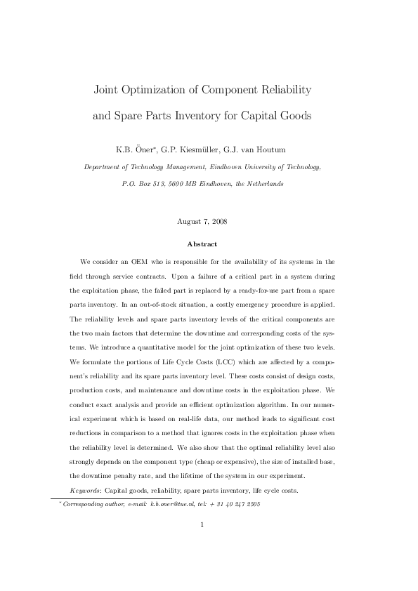 (PDF) Joint optimization of component reliability and spare parts inventory for capital goods ...
