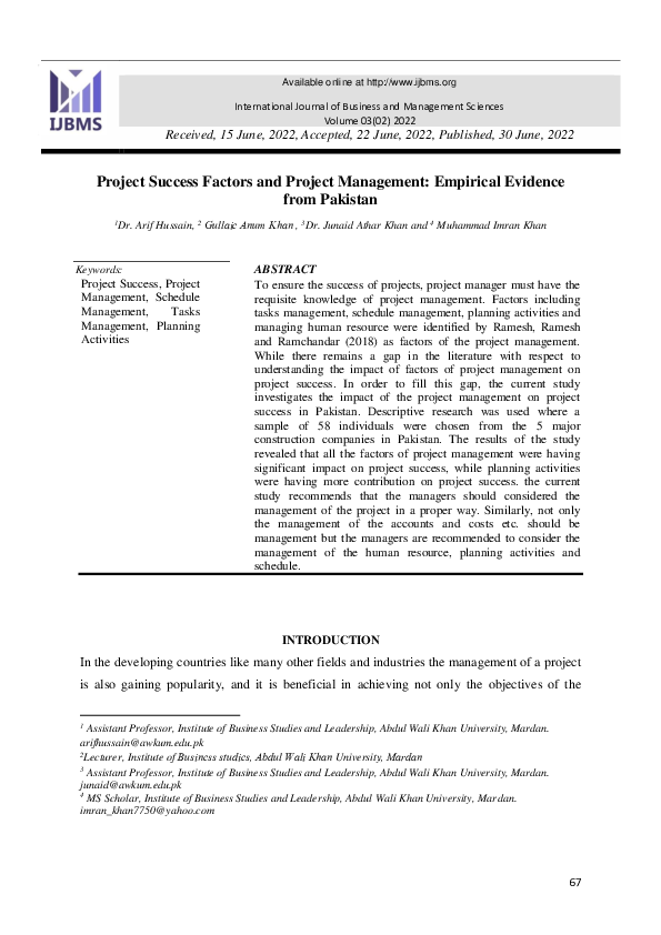 (PDF) Project Success Factors and Project Management: Empirical Evidence from Pakistan
