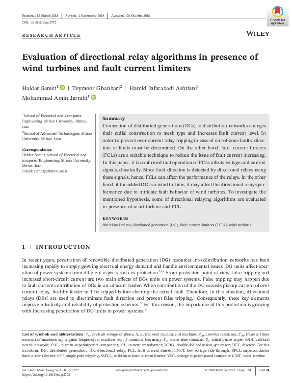 Pdf Evaluation Of Directional Relay Algorithms In Presence Of Wind Turbines And Fault Current