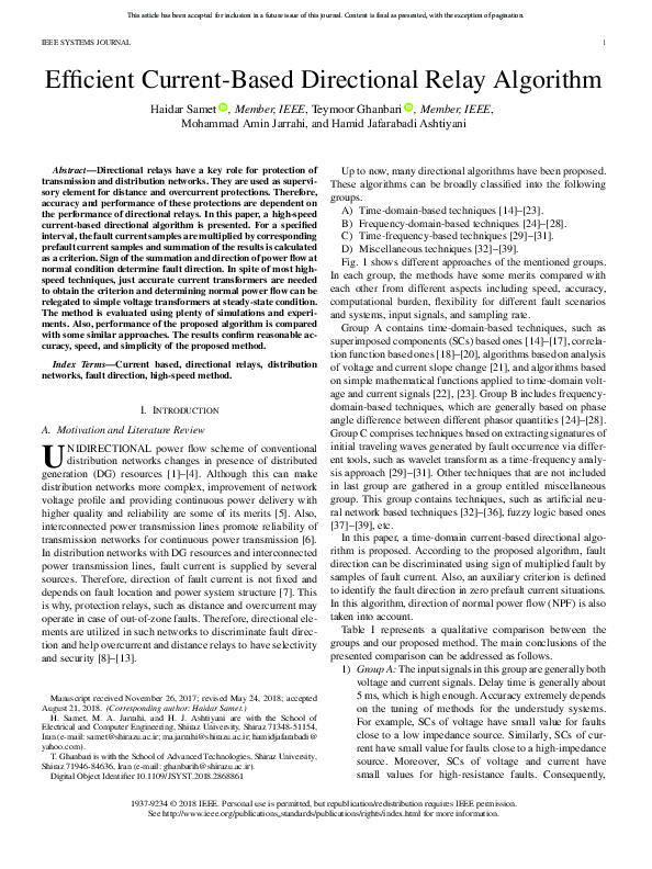 Pdf Efficient Current Based Directional Relay Algorithm