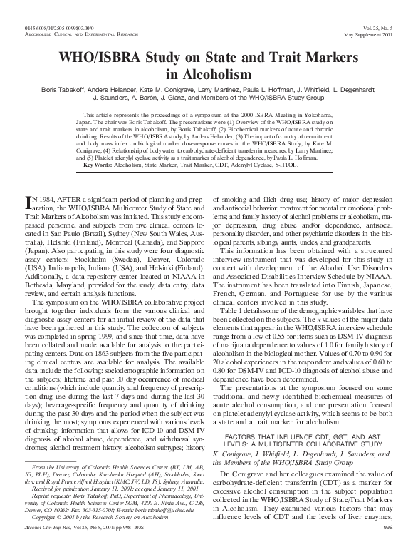 (PDF) WHO/ISBRA Study on State and Trait Markers in Alcoholism