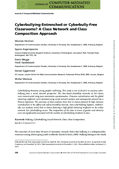 (PDF) Cyberbullying-Entrenched or Cyberbully-Free Classrooms? A Class Network and Class ...