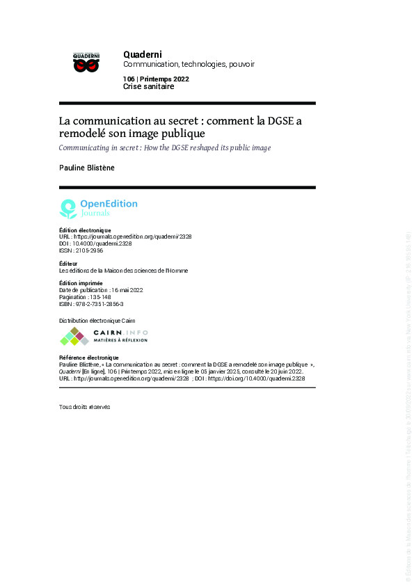 (PDF) La communication au secret : comment la DGSE a remodelé son image ...