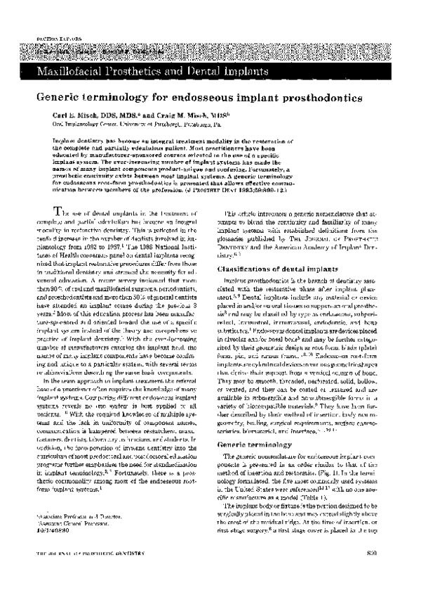 (PDF) Generic terminology for endosseous implant prosthodontics