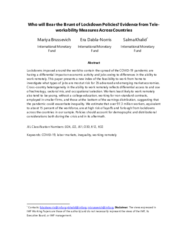 (PDF) Who will Bear the Brunt of Lockdown Policies? Evidence from Tele ...