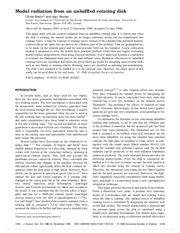 (PDF) Modal radiation from an unbaffled rotating disk