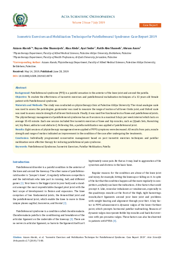 (PDF) Isometric Exercises and Mobilization Technique for Patellofemoral Syndrome: Case Report ...