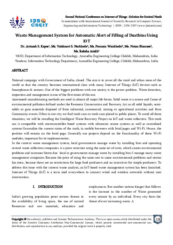 (PDF) Waste Management System for Automatic Alert of Filling of Dustbins Using IOT